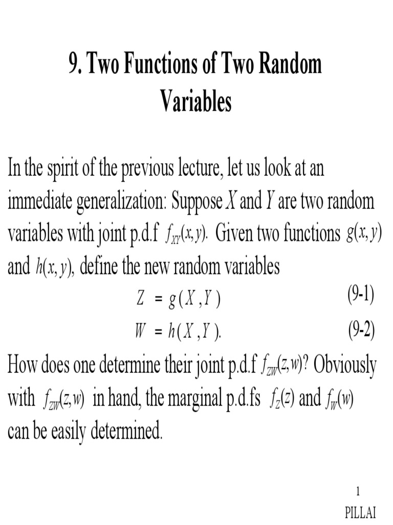 Two Functions of Two Random Variables: Y X H W Y X G Z Z F Z F F | PDF ...