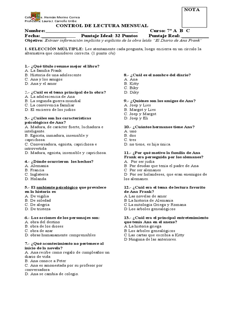 Control de Lectura: Ana Frank | PDF | Anne Frank
