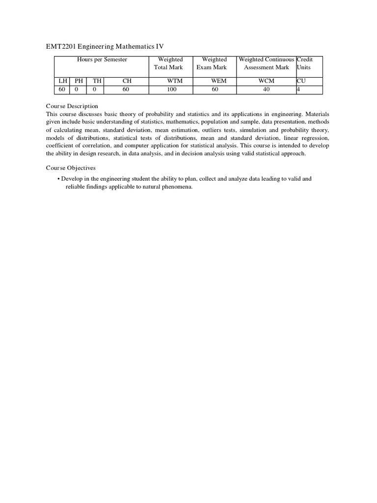 EMT2201 Engineering Mathematics IV: Course Description | PDF