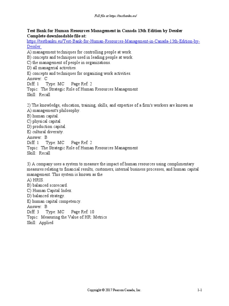 Test Bank For Human Resources Management in Canada 13th Edition by ...