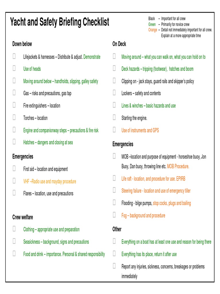 Yacht and Safety Briefing Checklist: Down Below On Deck | PDF | Safety ...