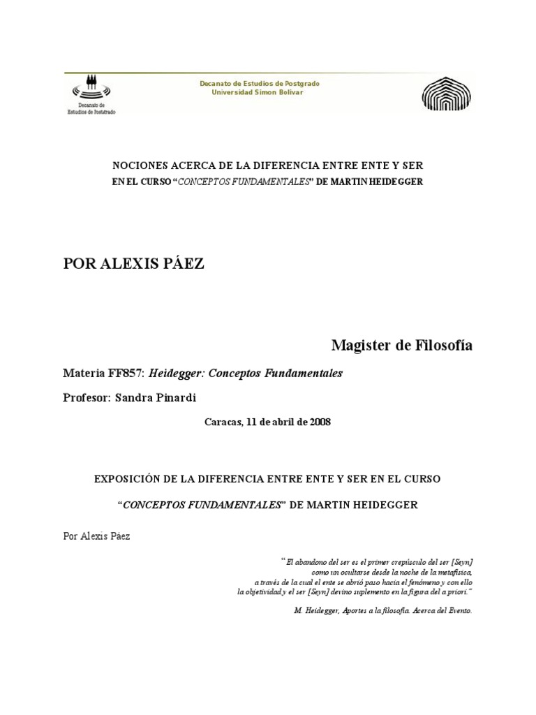 Diferencia entre Ente y Ser según Heidegger | PDF | Esencia | Martin ...