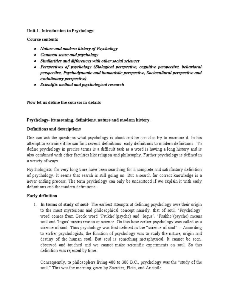 Unit 1-Introduction To Psychology: Course Contents | PDF | Psychology ...