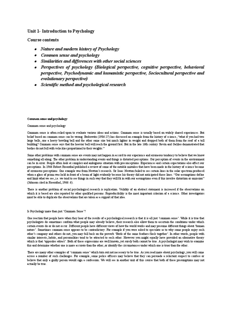 Unit 1-Introduction To Psychology Course Contents | PDF | Behaviorism ...