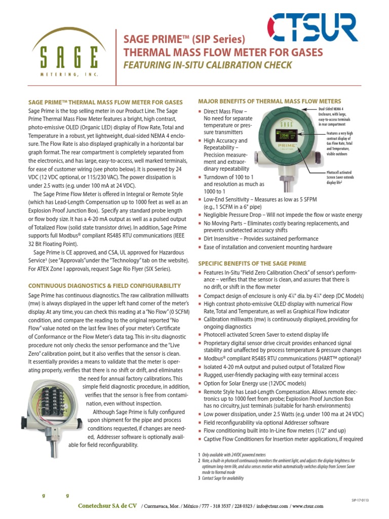 SAGE Prime Mass Flow Meter | PDF | Flow Measurement | Pipe (Fluid ...