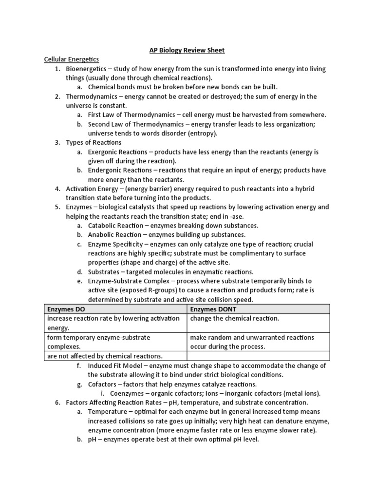 AP Biology Review Sheet | PDF | Adenosine Triphosphate | Cellular ...