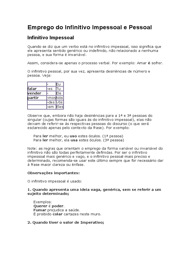 Emprego Do Infinitivo Impessoal e Pessoal | PDF | Assunto (gramática ...