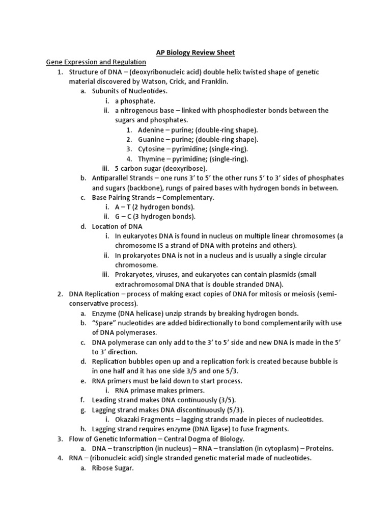 AP Biology Review Sheet | PDF | Dna | Rna