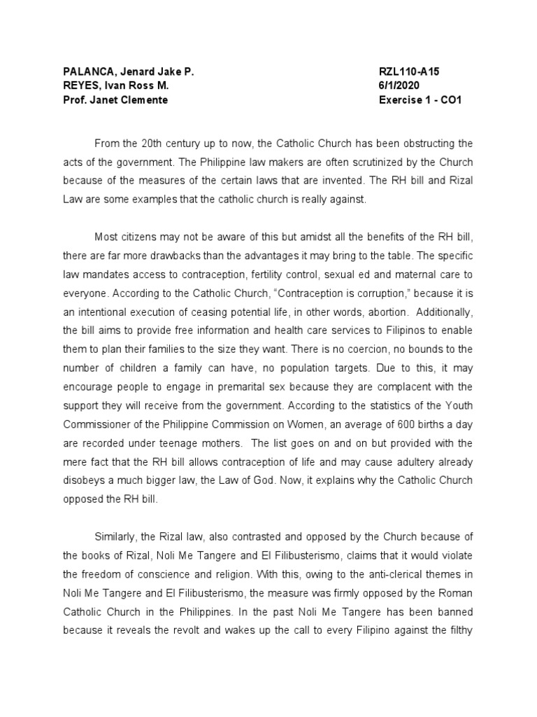 Exercise 1 - CO1 (PALANCA, REYES) | PDF | Catholic Church | Birth Control