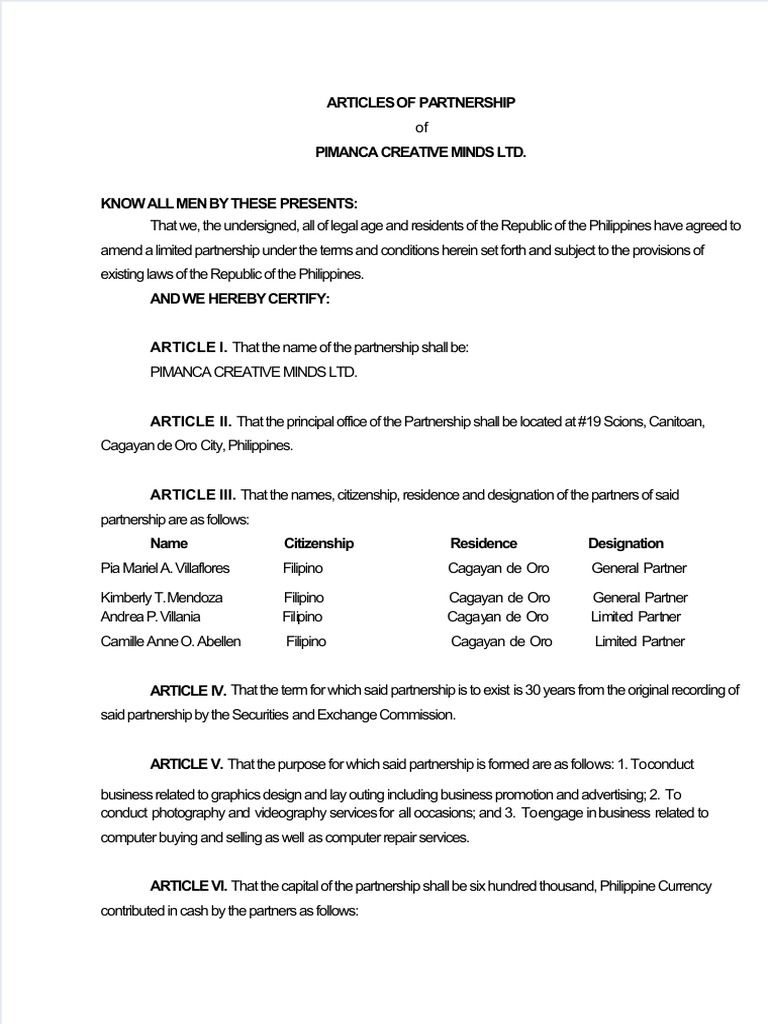 Articles of Partnership Sample PDF | Download Free PDF | Civil Law ...