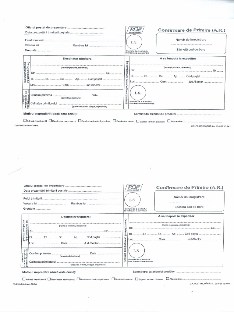 Confirmare de Primire (A.R.) Posta Romana | PDF