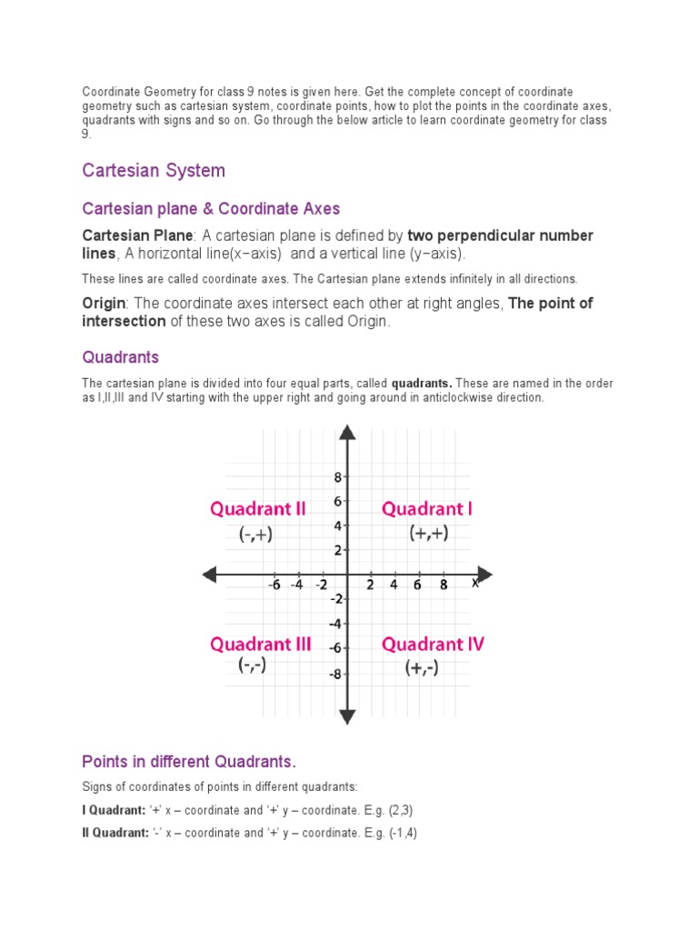Coordinate Geometry For Class 9 Notes Is Given Here | PDF