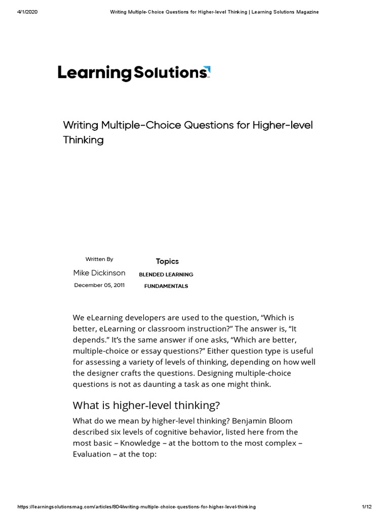 Writing Multiple-Choice Questions For Higher-Level Thinking | PDF ...