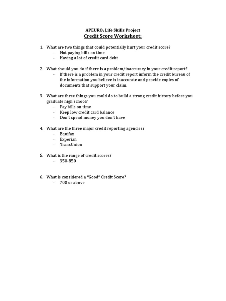 Credit Score Worksheet:: APEURO: Life Skills Project | PDF