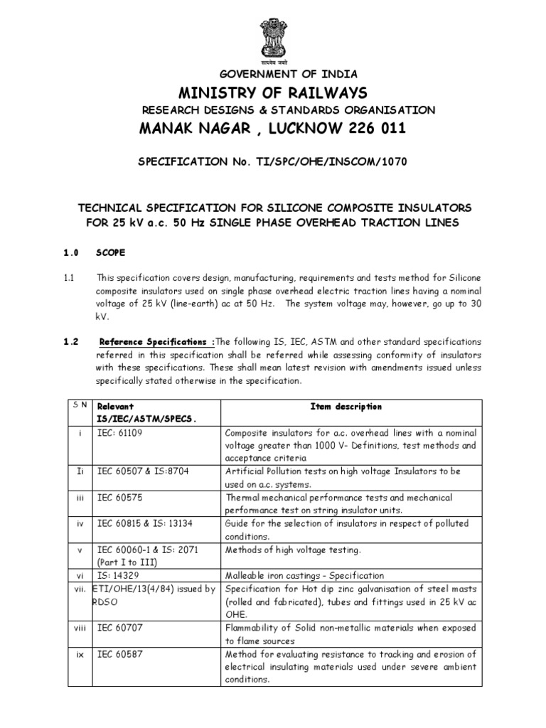 Ministry of Railways Manak Nagar, Lucknow 226 011 | PDF | Insulator ...
