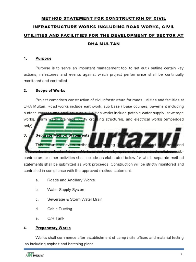 Method Statement for Infrastructure Works | PDF | Pipe (Fluid Conveyance) | Road