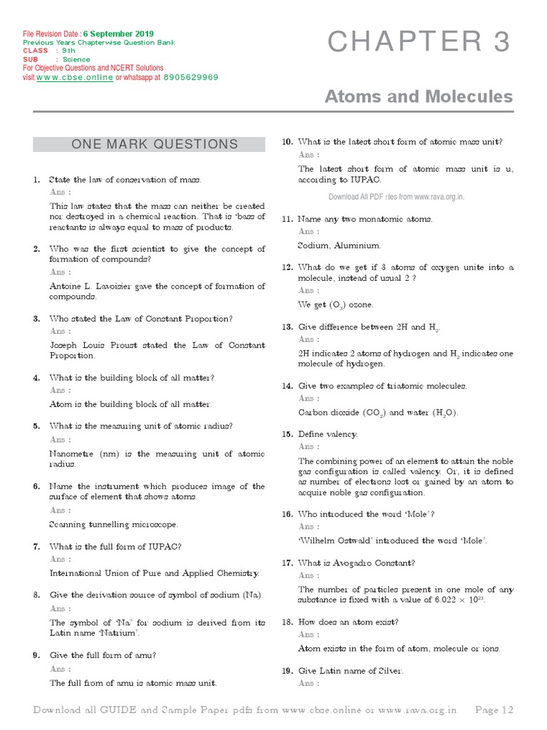 Atoms and Molecules: One Mark Questions | Download Free PDF | Mole ...