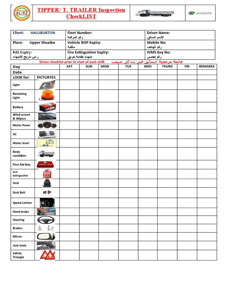 Tipper/ T. Trailer Inspection Checklist: Day Date | PDF