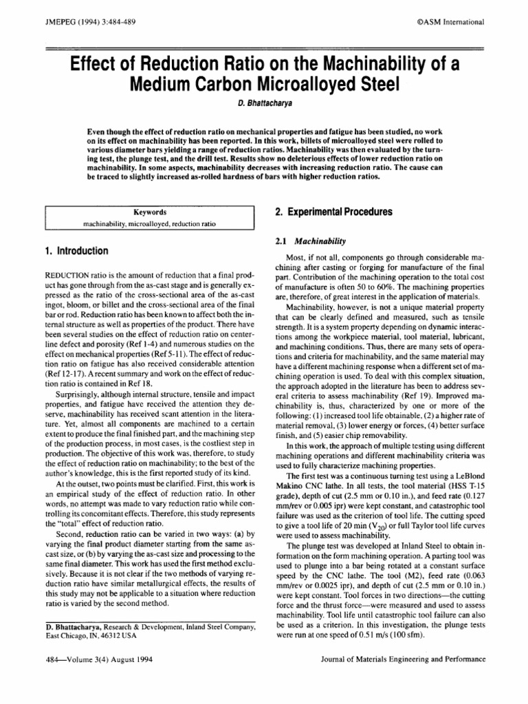Effect of Reduction Ratio On The Machinability of A Medium Carbon ...