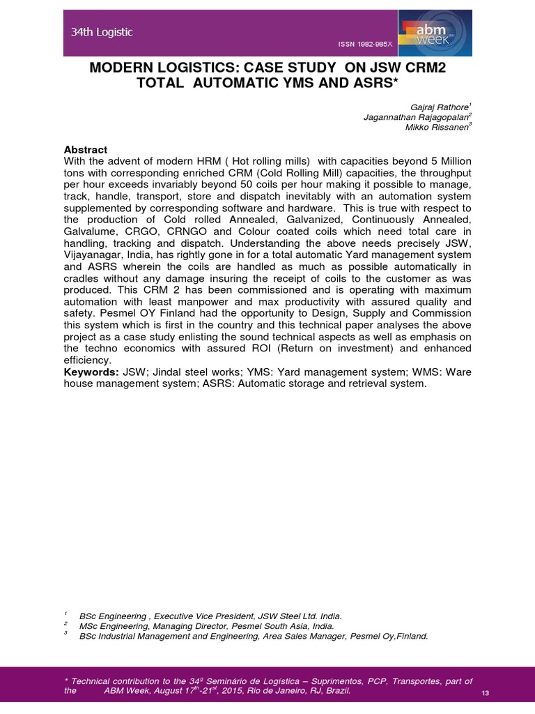 Modern Logistics: Case Study On JSW Crm2 Total Automatic Yms and Asrs | Download Free PDF ...