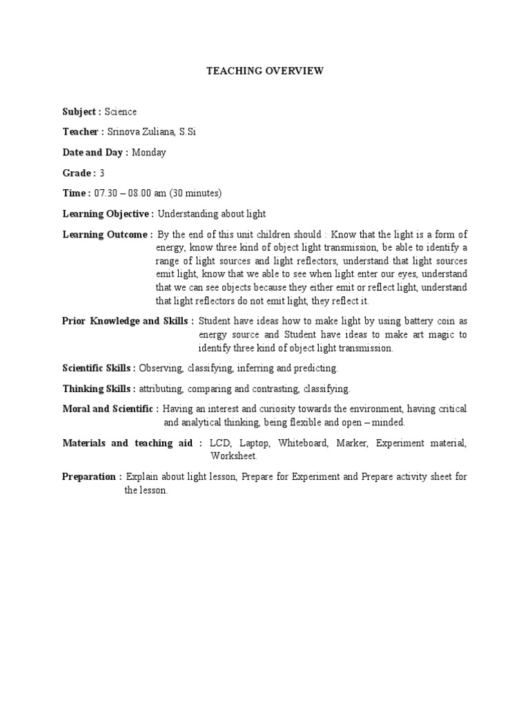 LP TEACHING OVERVIEW Srinova Zuliana | PDF | Experiment | Science