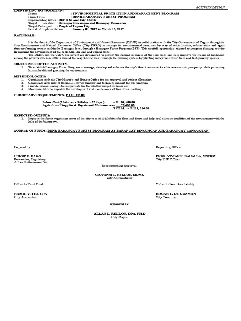 ACTIVITY DESIGN - Barangay Forest Program | PDF | Forests | Agriculture