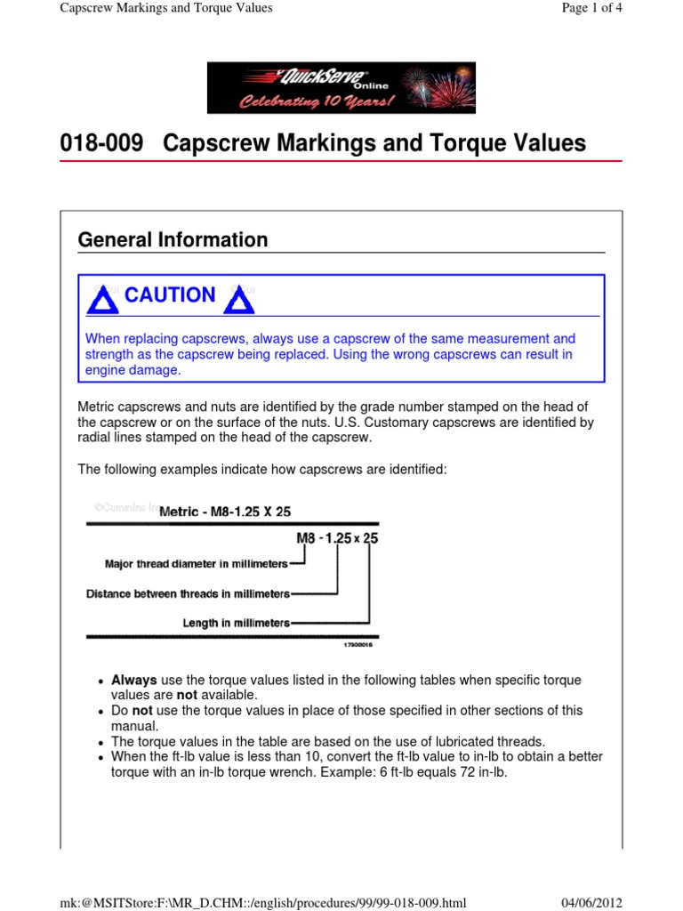 Capscrew Markings and Torqure Values | Download Free PDF | Screw | Torque