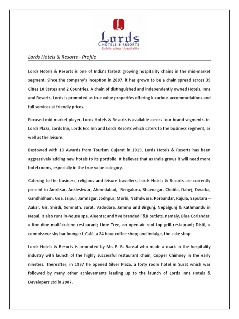 Lords Hotels and Resorts Profile | PDF | Resort | Hotel