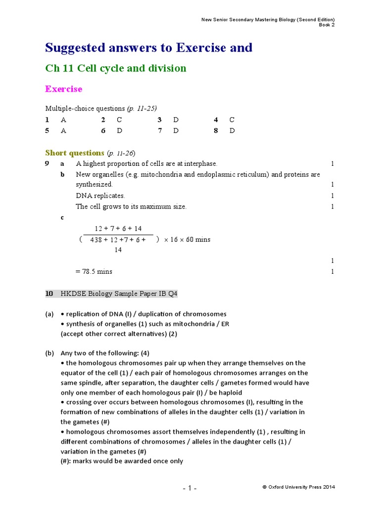 Suggested Answers To Exercise And: CH 11 Cell Cycle and Division | PDF ...