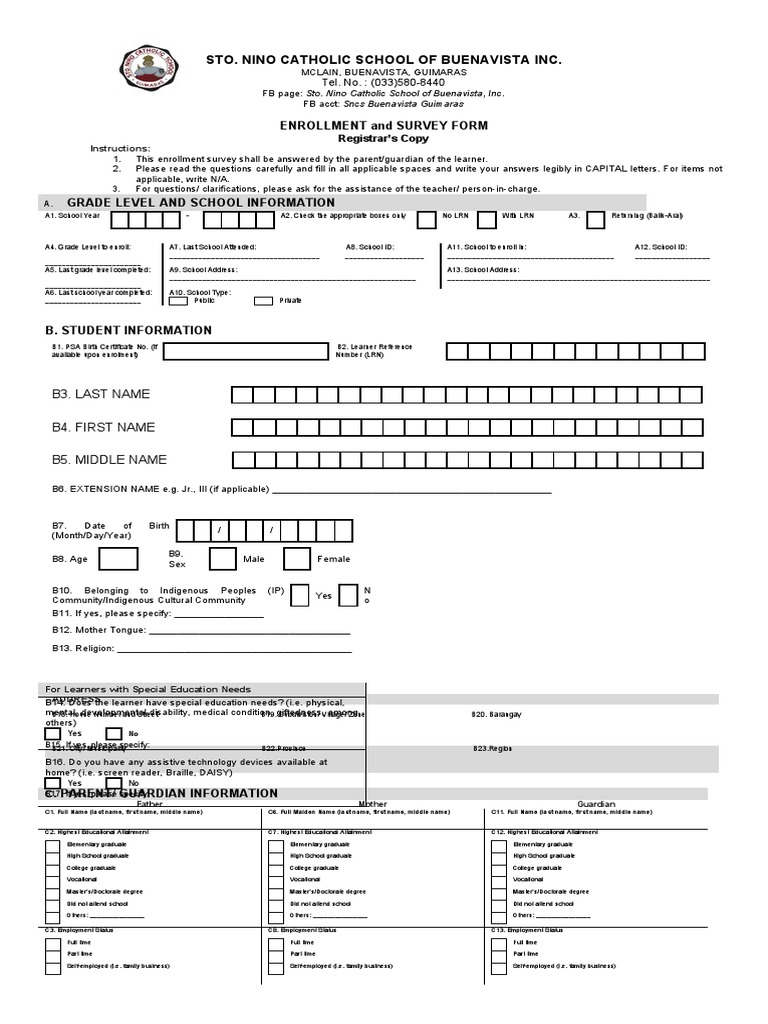 Enrollment and Survey Form | PDF | Schools
