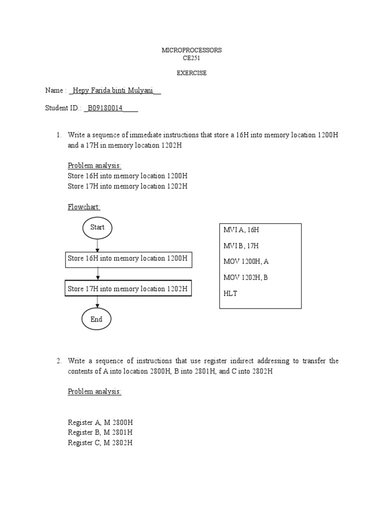 Microprocessors CE251 Exercise: Mvi A, 16H Mvi B, 17H MOV 1200H, A MOV 1202H, B HLT | PDF