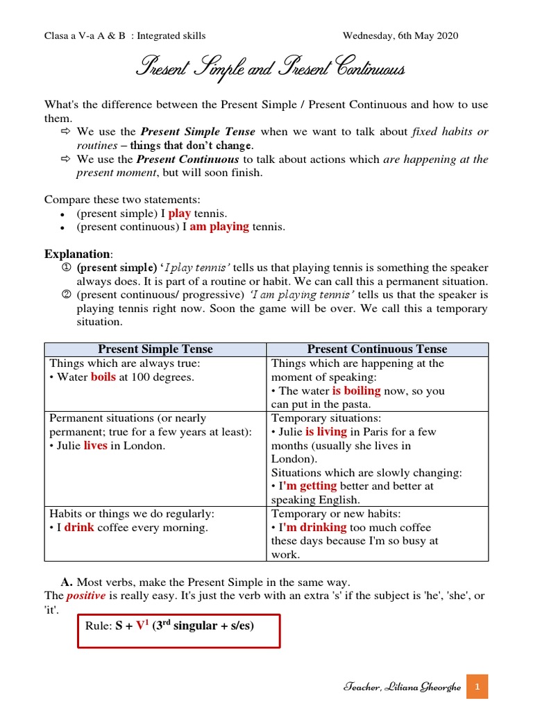 Clasa A V A 6-05-2020 - Present Simple and Continuous Review | PDF ...