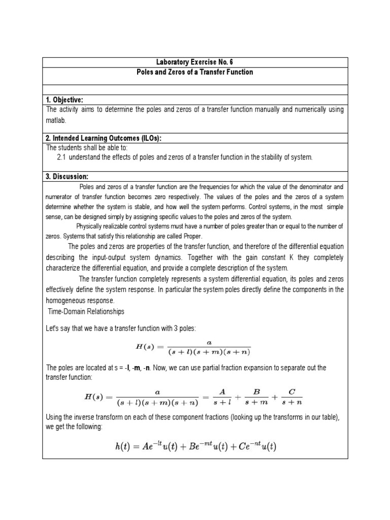 Laboratory Exercise No 6 Poles And Zeros Of A Transfer Function Download Free Pdf Complex