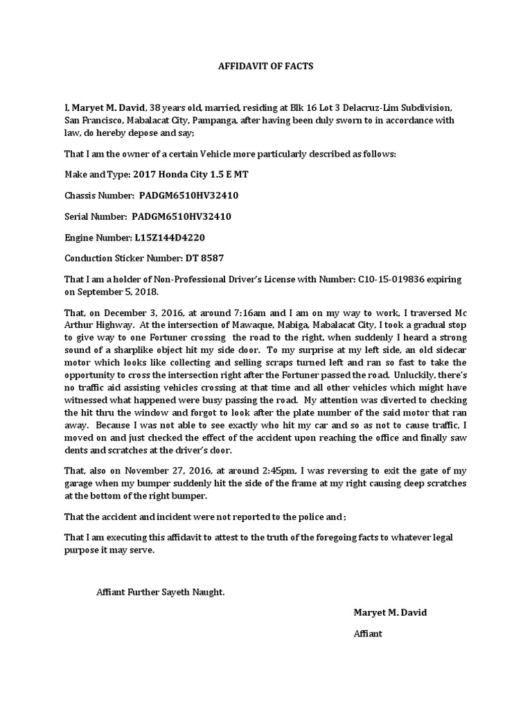 Affidavit of Damage Wigo | PDF | Affidavit | Civil Law (Common Law)