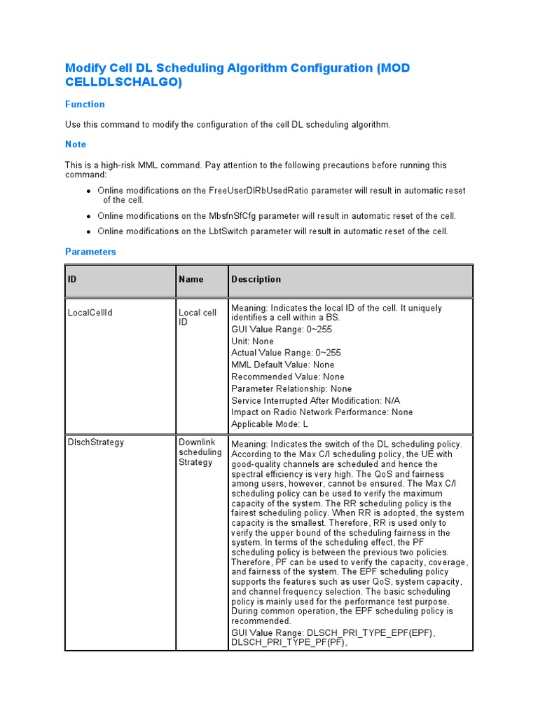MOD CELLDLSCHALGO (Modify Cell DL Scheduling Algorithm Configuration) | PDF | Scheduling ...
