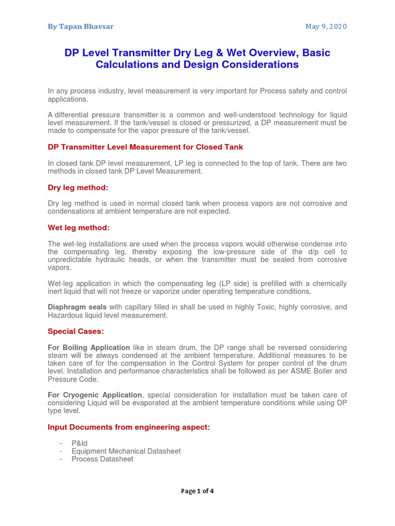 DP Level Transmitter Dry Leg & Wet Overview | PDF | Steam | Liquids