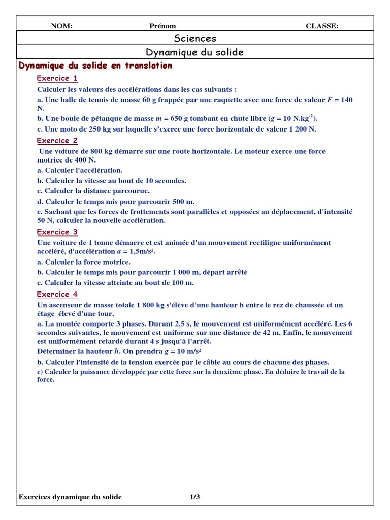 Exercices de dynamique du solide | PDF | Accélération | Rotation