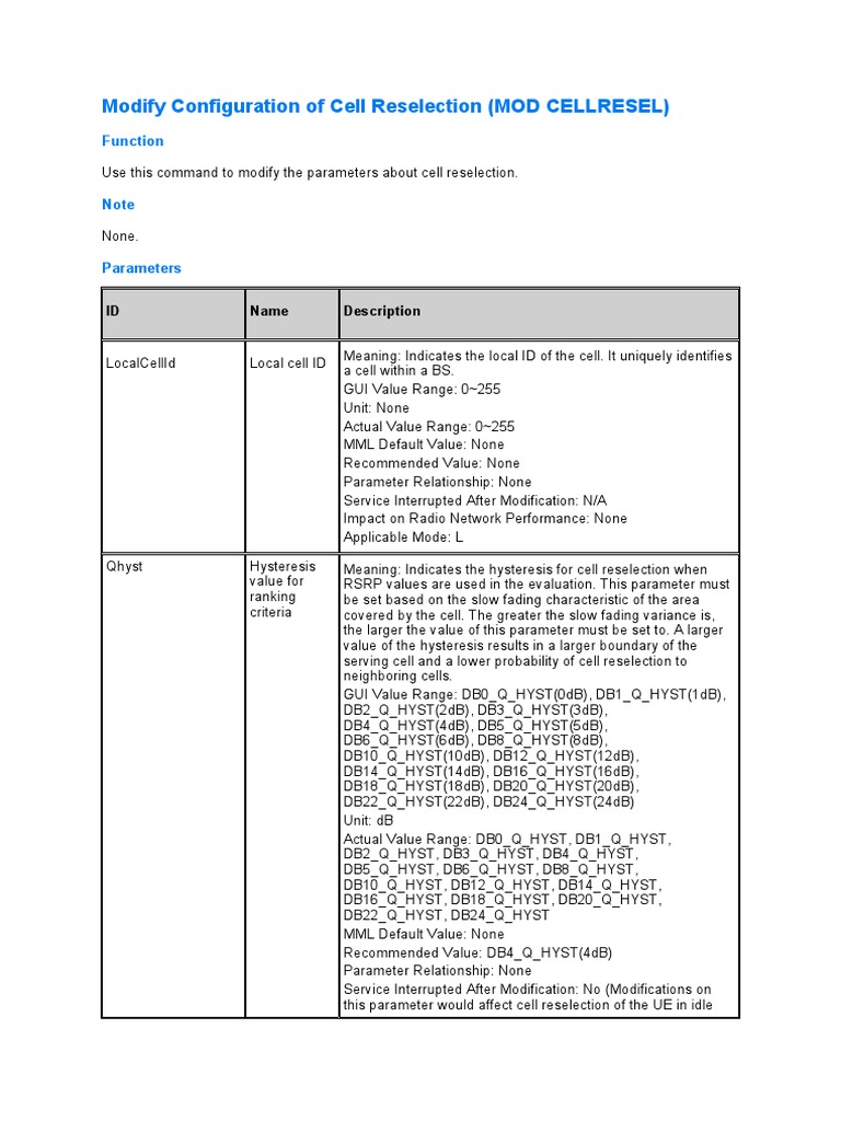 Modify Configuration of Cell Reselection (MOD CELLRESEL) : Function ...