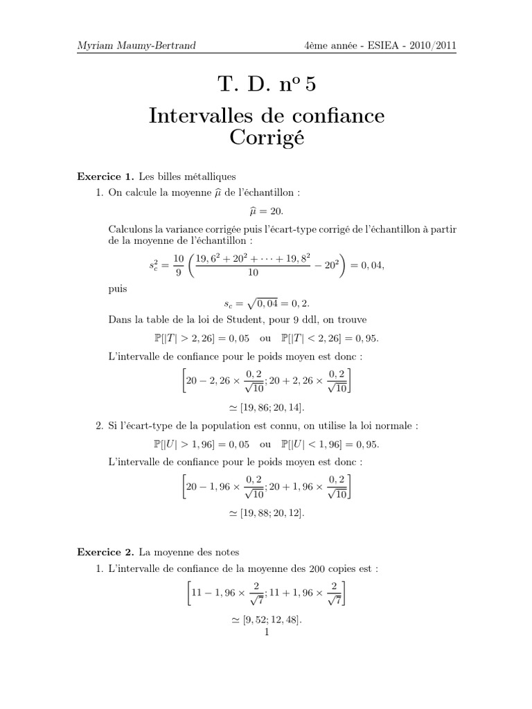 Td5 Estimation Correction Pdf Intervalle De Confiance écart Type