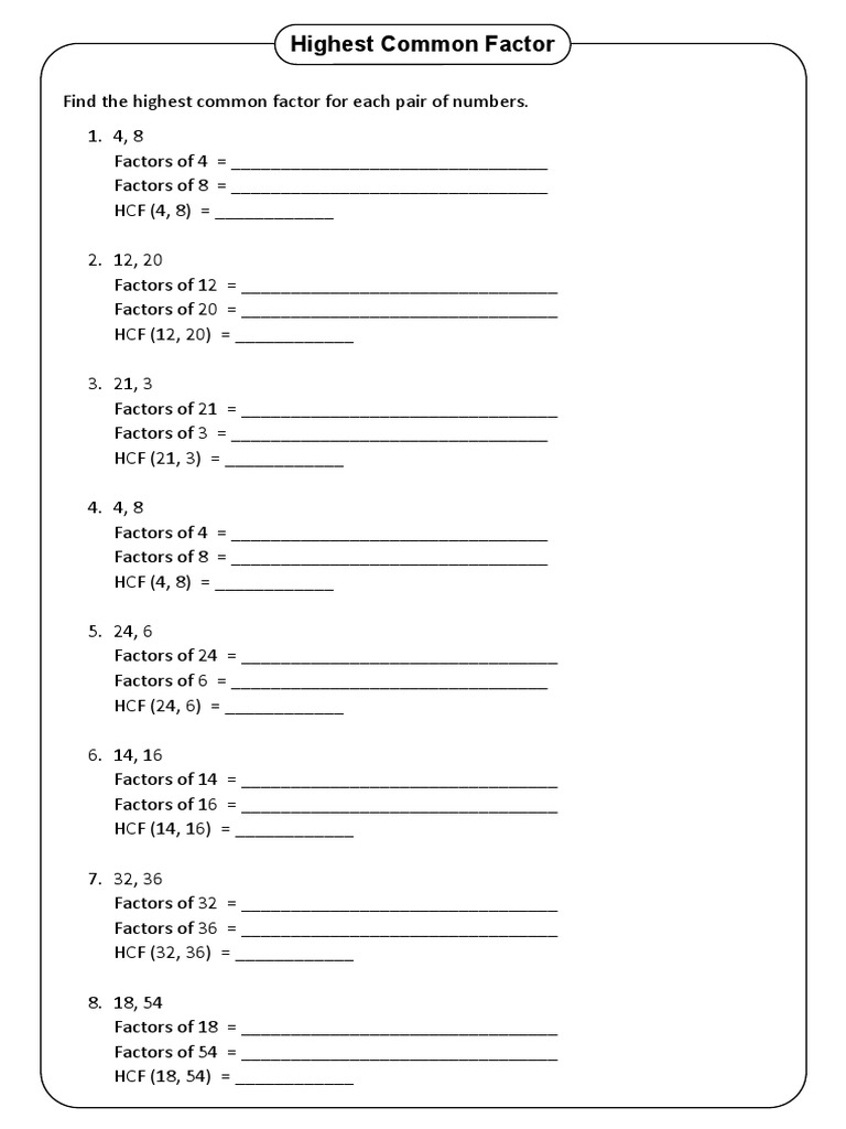 Highest Common Factor Worksheet 1 | PDF