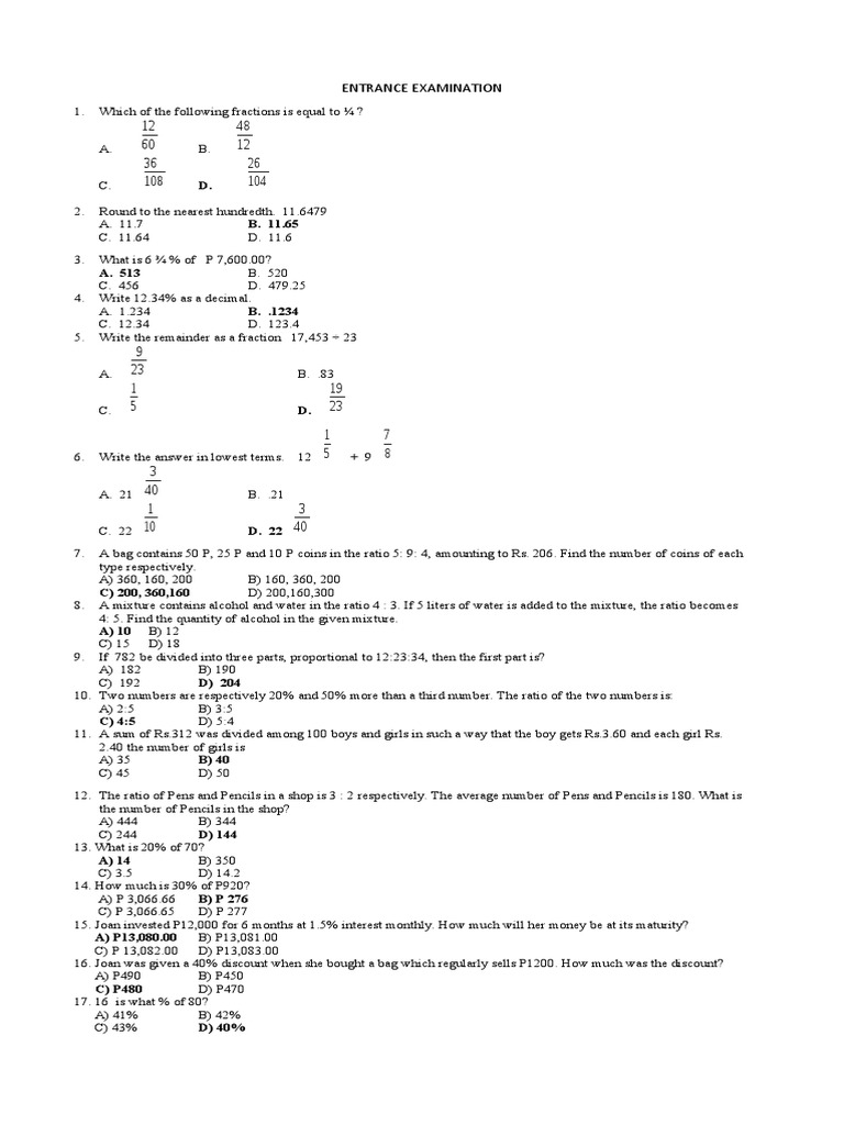 Entrance Examination | PDF | Ratio | Fraction (Mathematics)