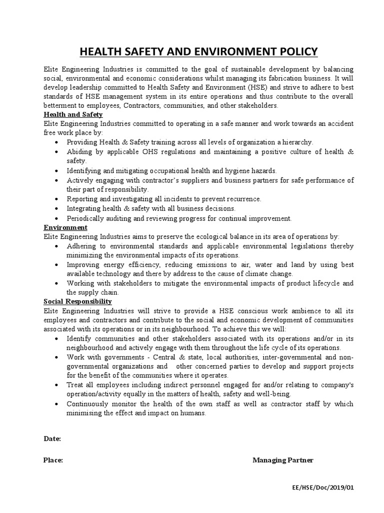 Health Safety and Environment Policy | PDF | Occupational Safety And ...