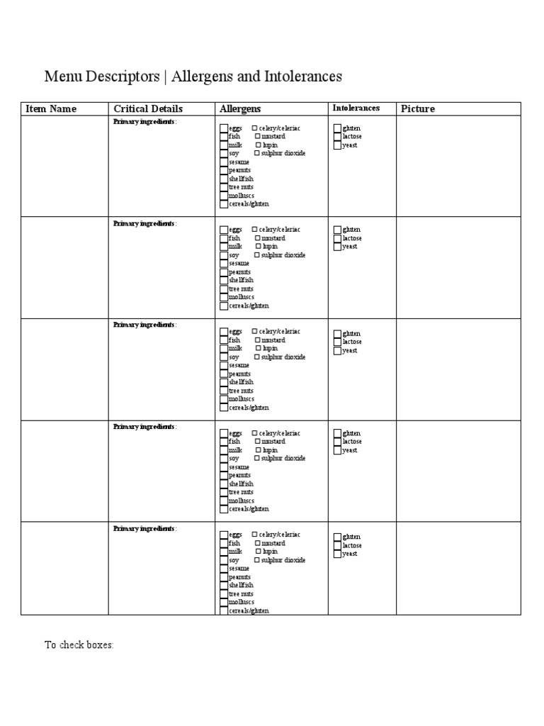 Allergen and Intolerance Menu Guide | PDF | Food Industry | Food And Drink