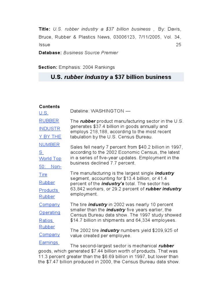 U.S. Rubber Industry A $37 Billion Business | PDF | Industries ...