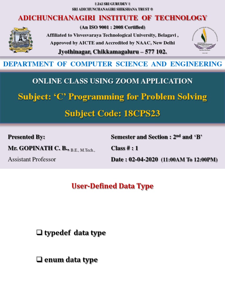 Subject: C' Programming For Problem Solving Subject Code: 18CPS23 | PDF | Integer (Computer ...