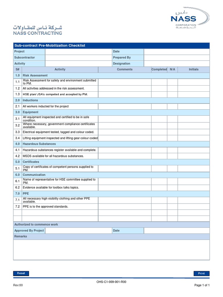 Sub-Contract Pre-Mobilization Checklist: Reset Print | PDF