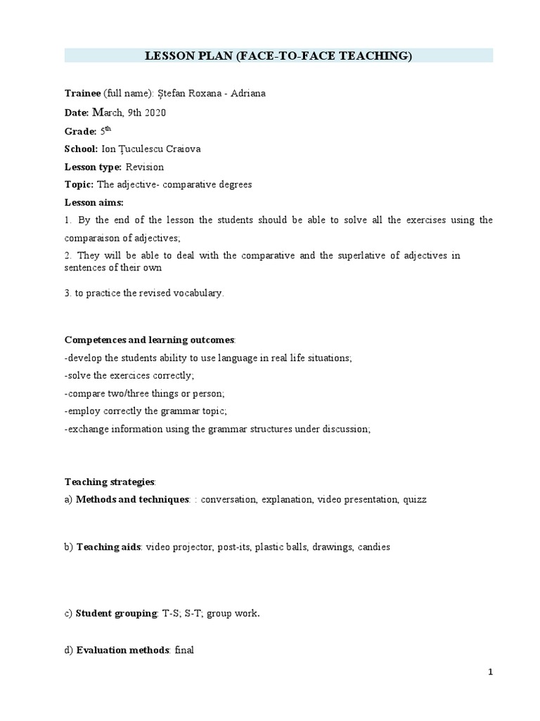 Lesson Plan Face-To-Face | PDF | Teachers | Lesson Plan