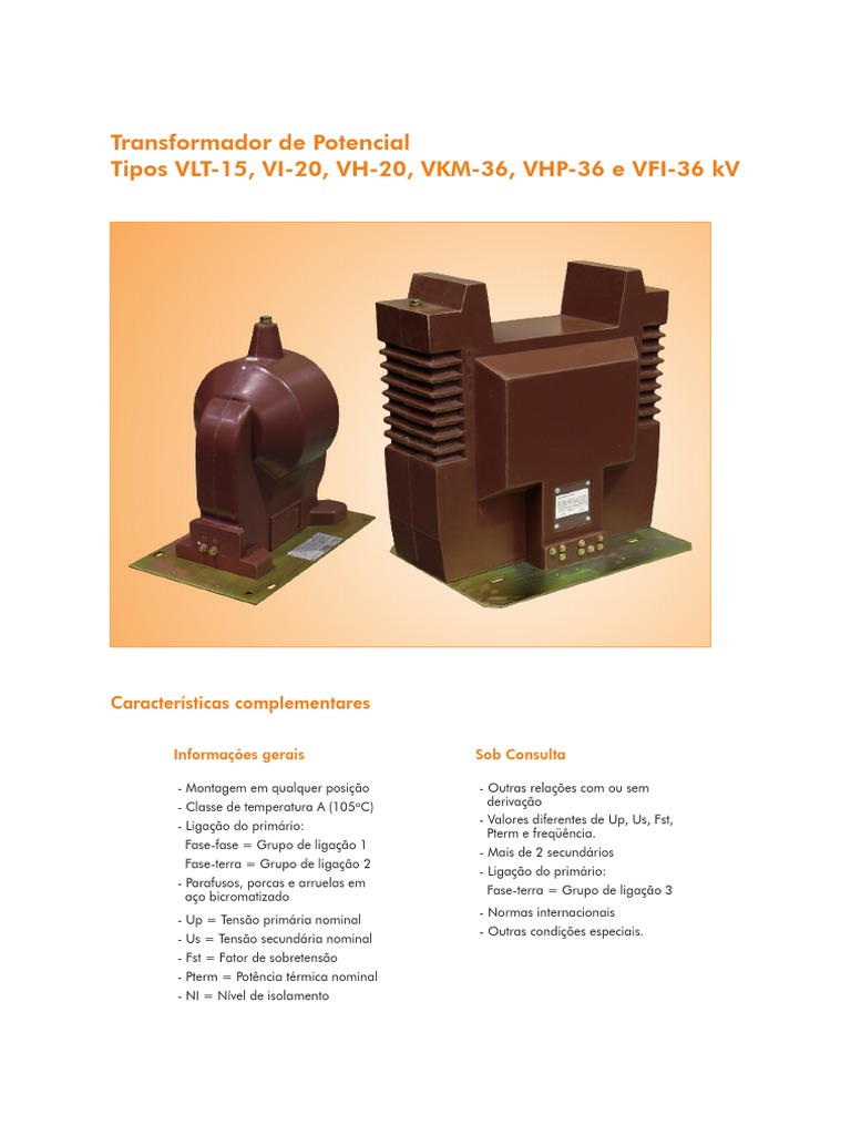 Transformador de Potencial Tipos VLT-15, VI-20, VH-20, VKM-36, VHP-36 e VFI-36 KV (PT ...