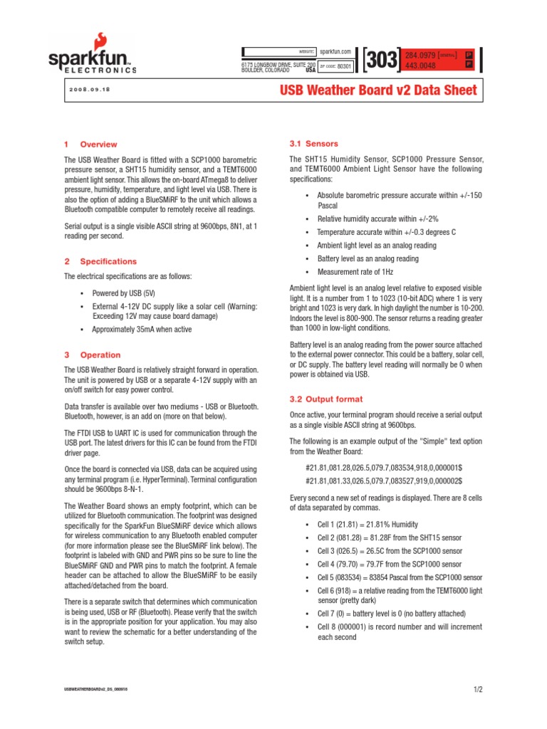 USB Weather Board v2 Data Sheet: 1 3.1 Sensors | PDF | Usb | Bluetooth