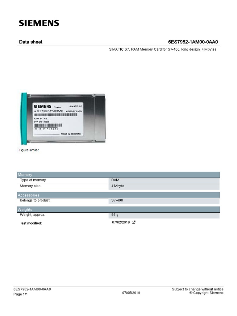 Data Sheet 6ES7952-1AM00-0AA0: Memory | PDF
